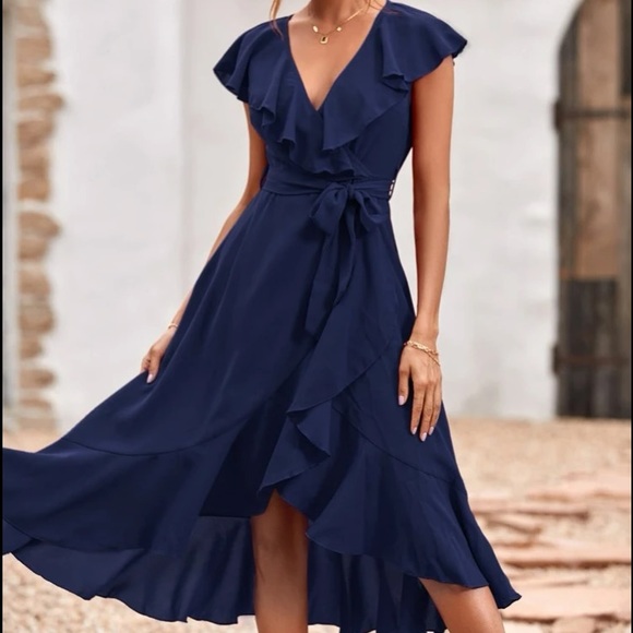 Dresses | Boho Navy Blue Wrap Belted Ruffle Hem Maxi Dress | Poshmark